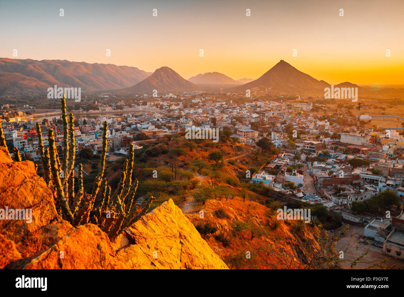 Pushkar town sunset panorama view from Papmochani Mata Hindu Temple in ...