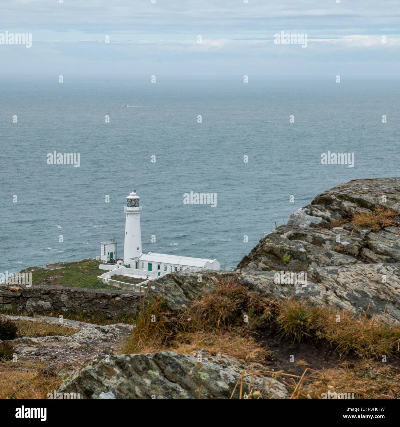 The historic South Stack Lighthouse is located on a small island ...