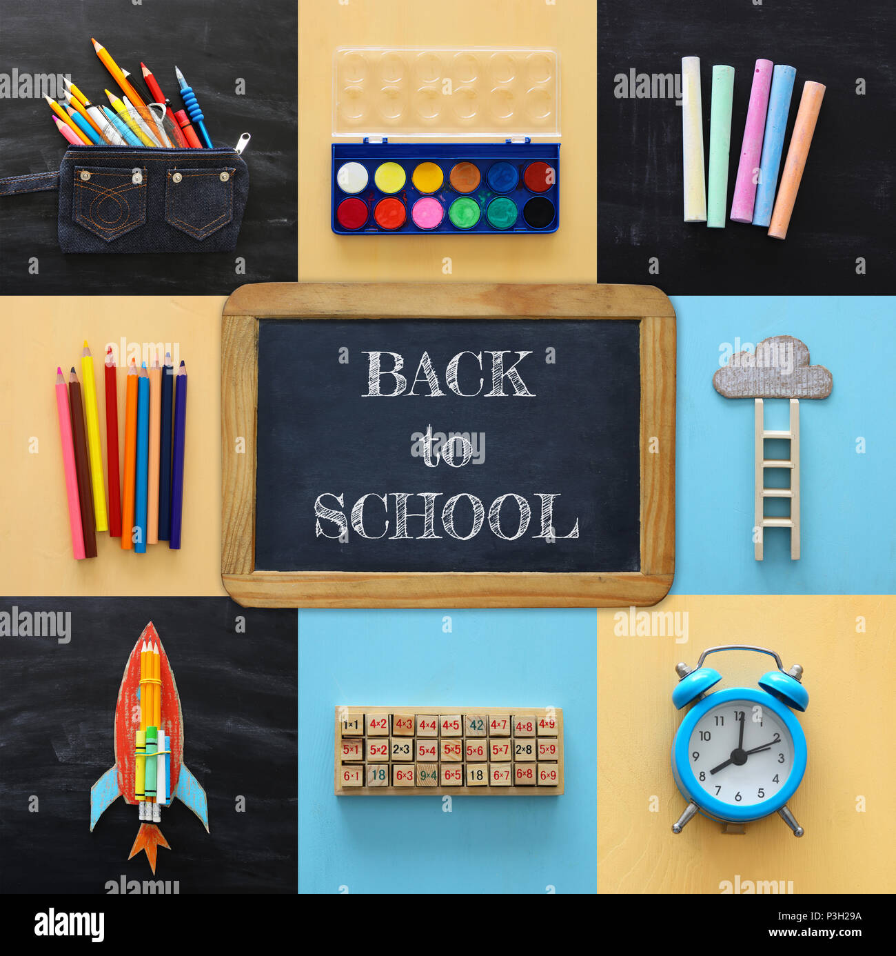 Back to school collage concept. school objects and supply with ...
