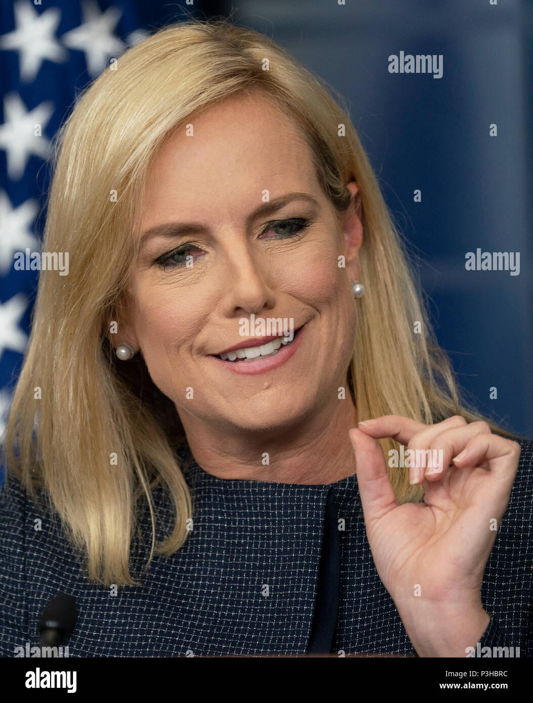 United States Secretary of Homeland Security Kirstjen Nielsen holds a ...