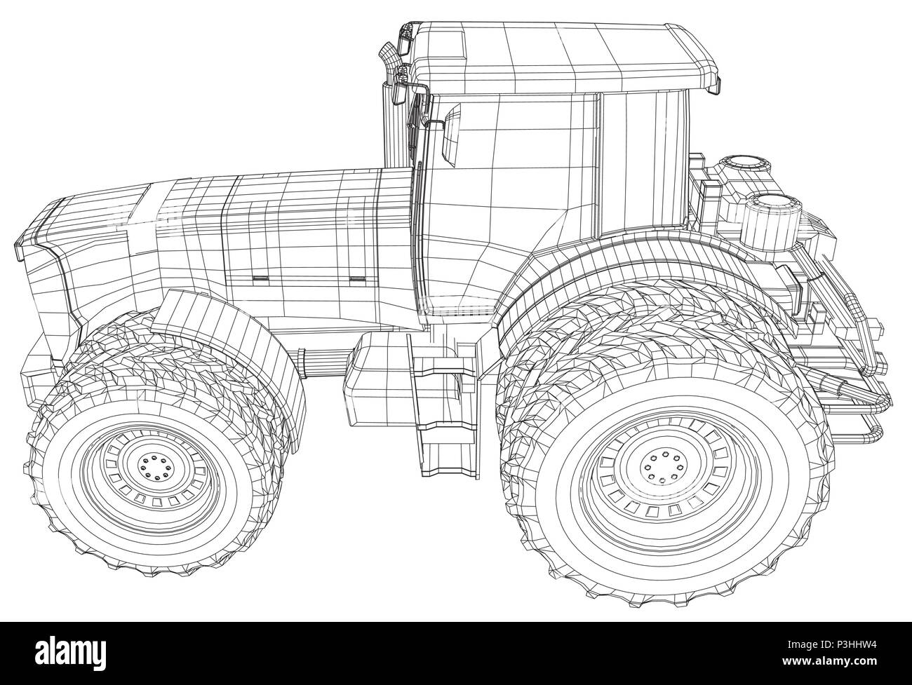 Vector tractor. Side view. Wire-frame tracing illustration of 3d. EPS ...
