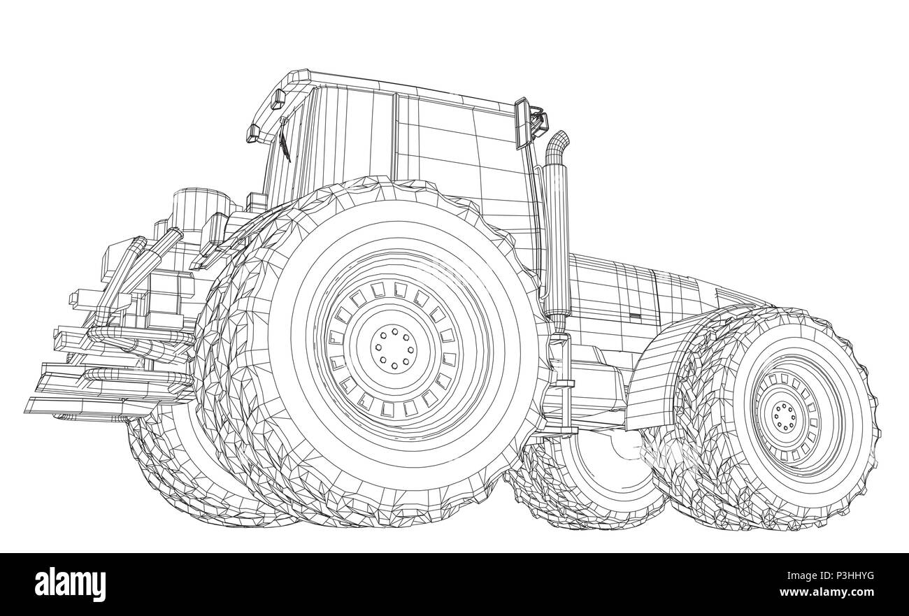 Wire-frame tractor isolated on white background. Tracing illustration ...