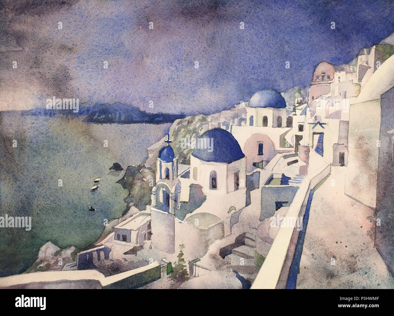 Watercolor painting of Greek Orthodox churches & buildings on island of ... Watercolor painting of Greek Orthodox churches & buildings on island of ...
