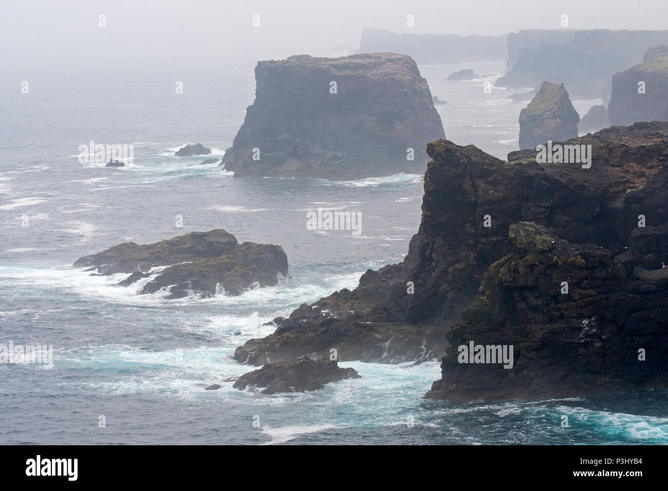 Sea stacks and cliffs in the mist at Eshaness / Esha Ness, peninsula in ...