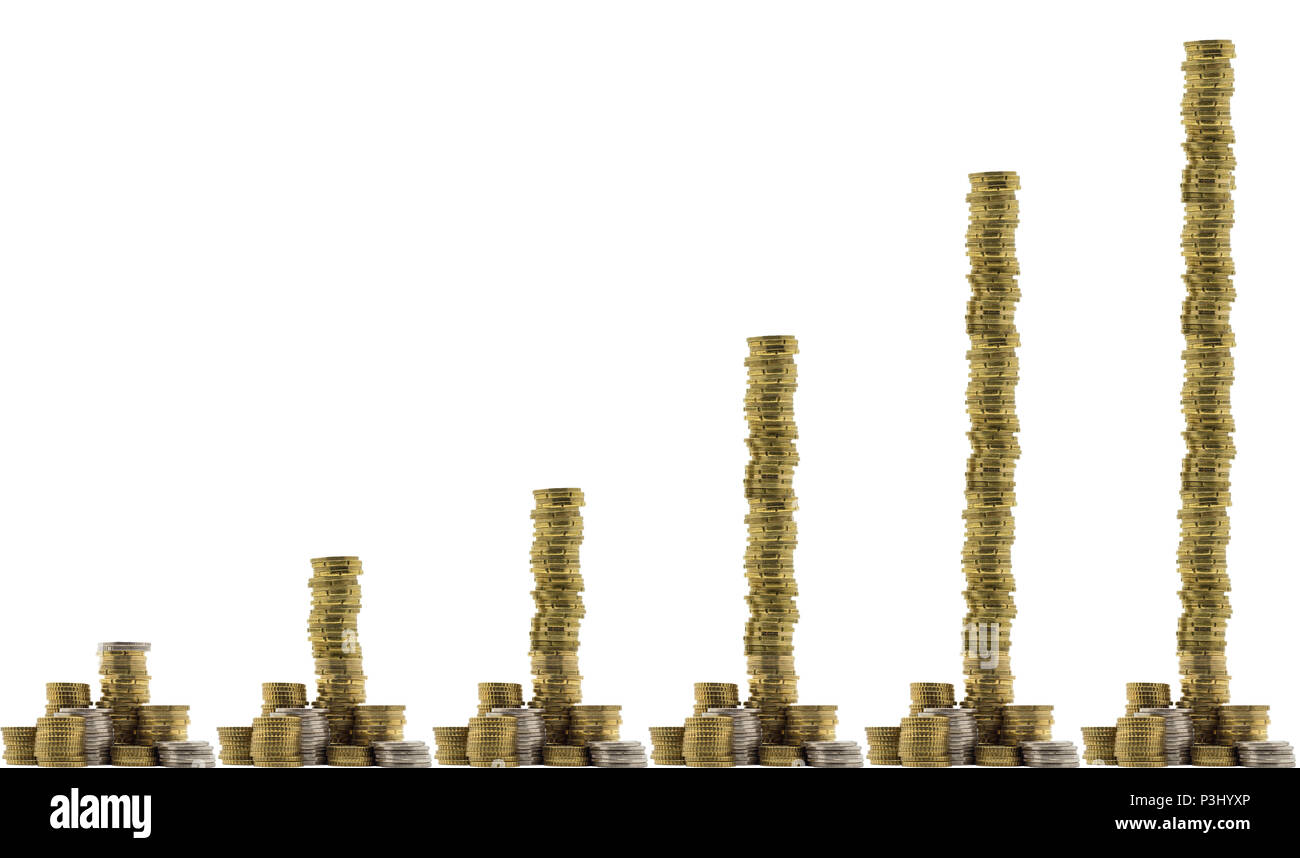 Background with stack of gold and silver coins with growing rows ...