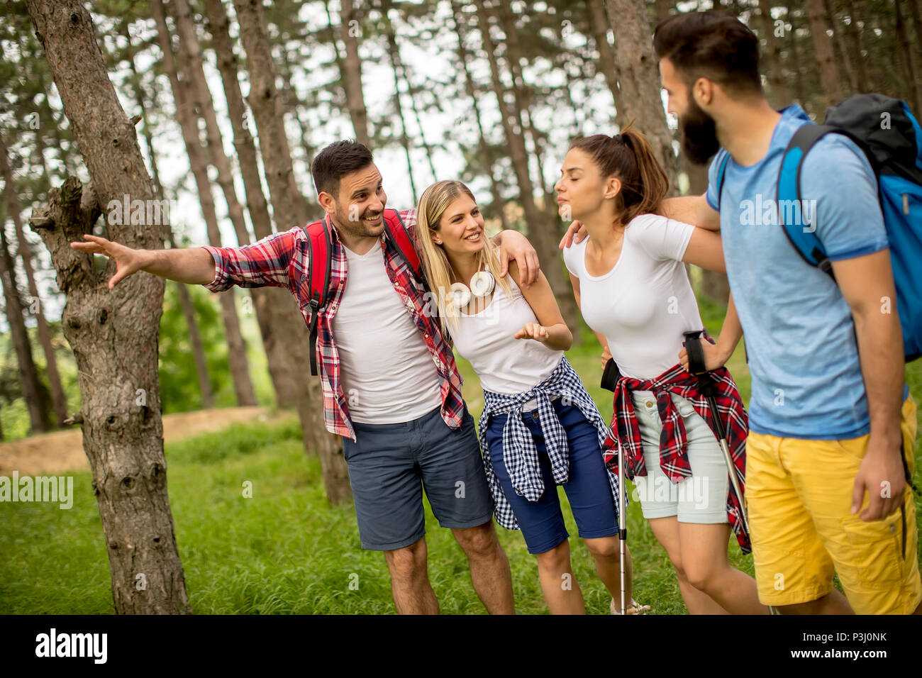 Group of young people are hiking in mountain at spring day Stock Photo ...