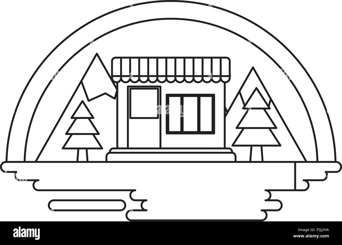 shop and trees over landscape and white background, vector illustration ...