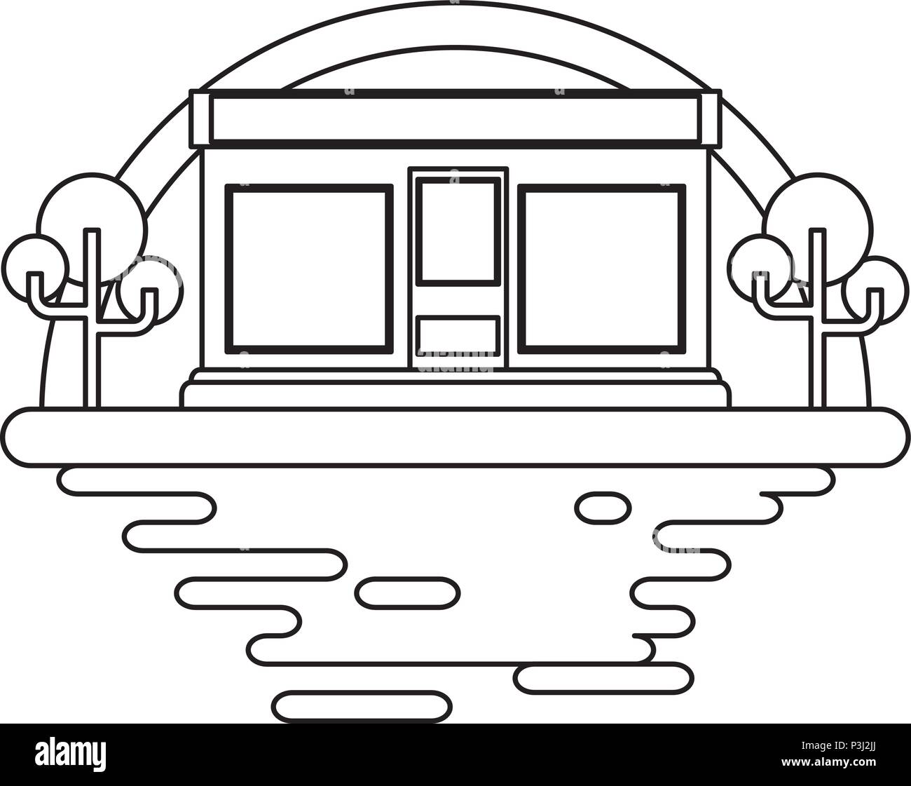 store and trees over landscape and white background, vector ...