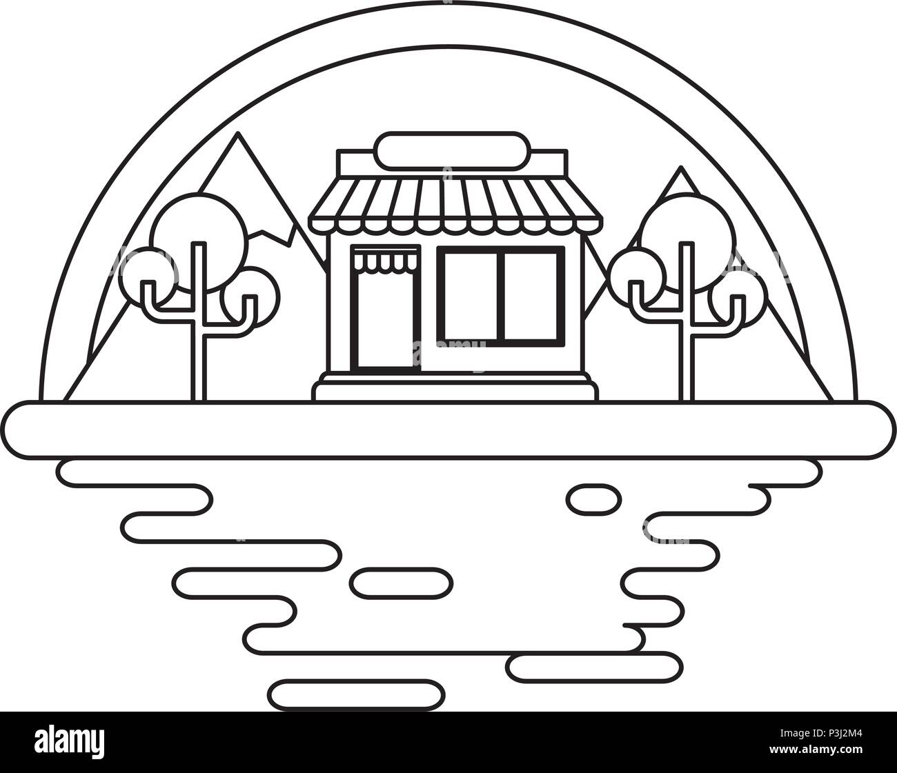 store and trees over landscape and white background, vector ...