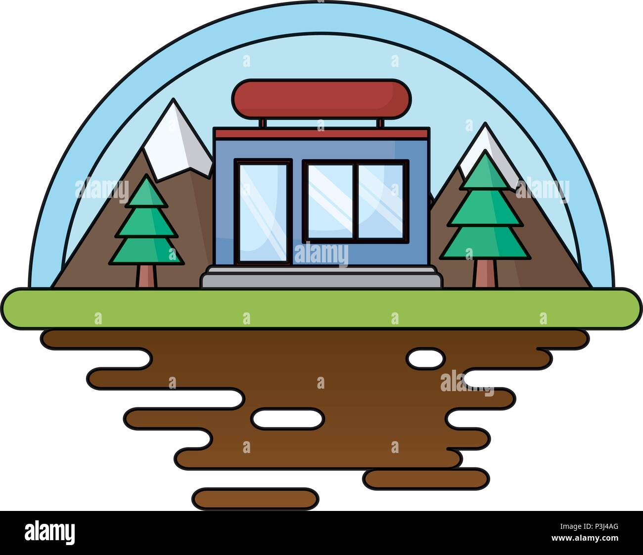 shop and trees over landscape and white background, colorful design ...