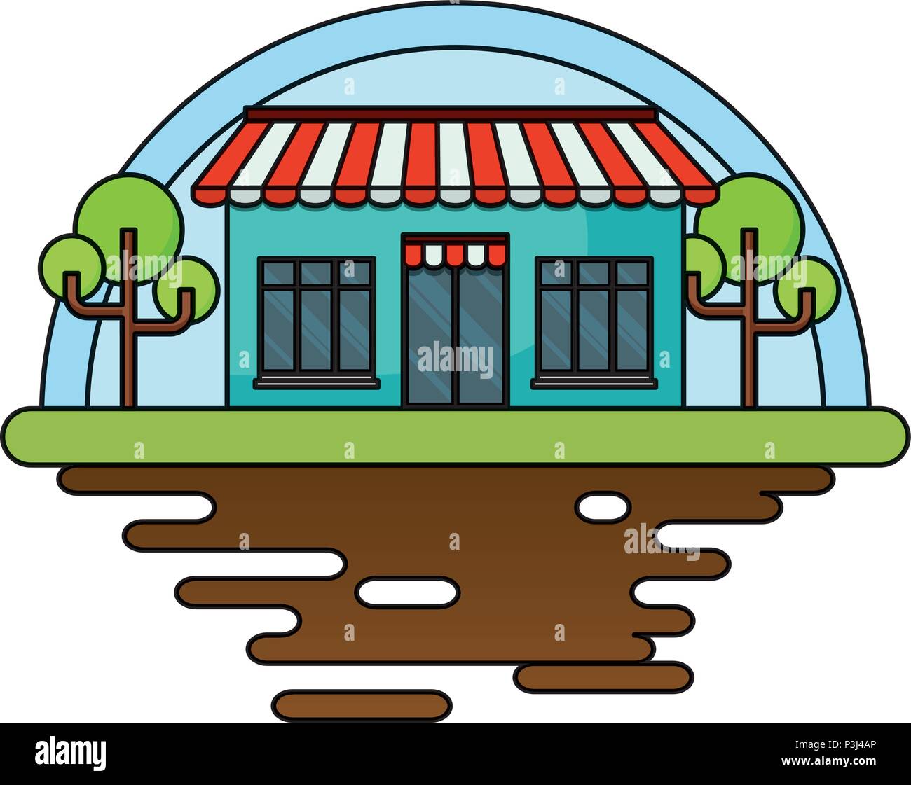 store and trees over landscape and white background, colorful design ...