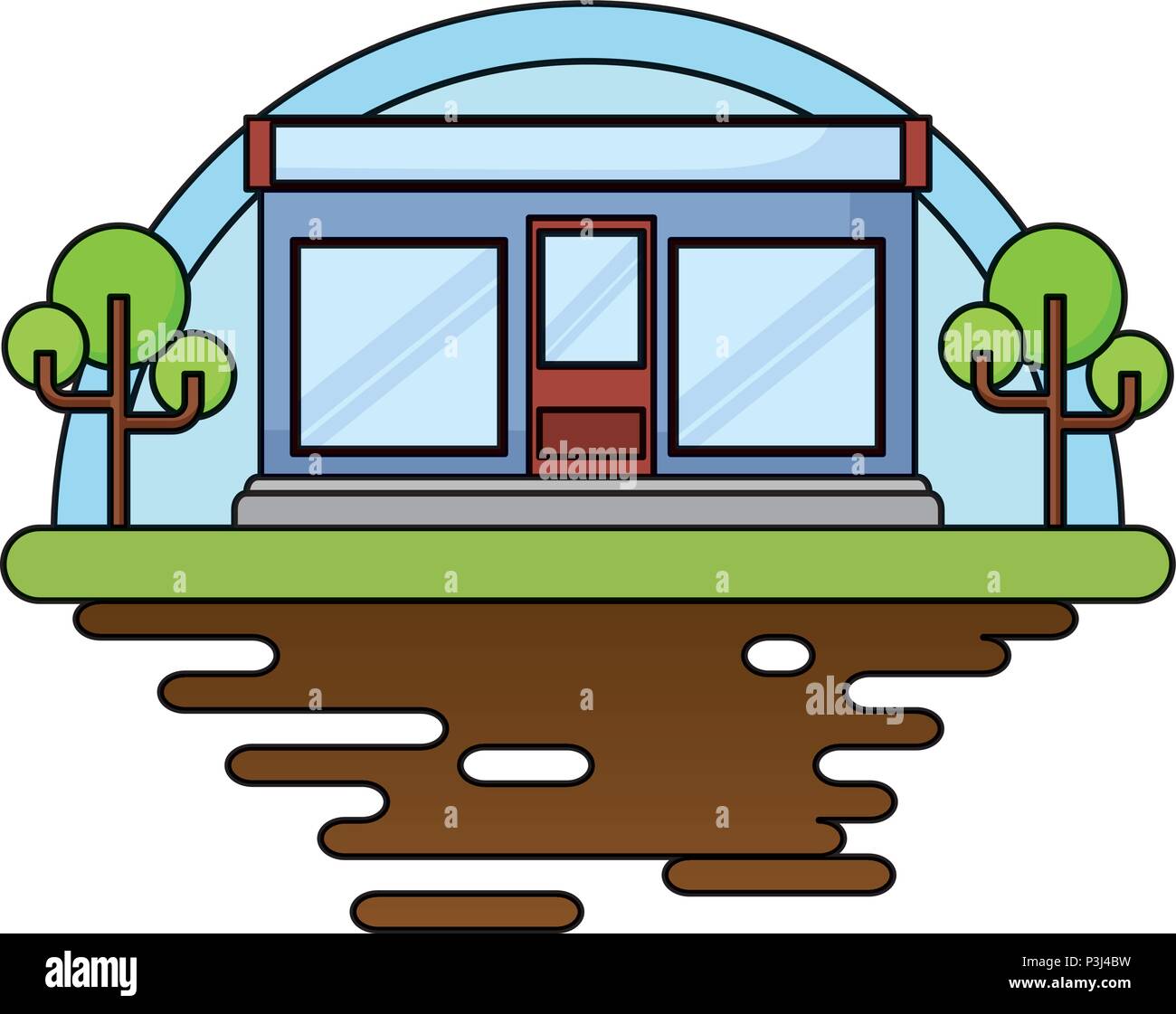 shop and trees over landscape and white background, colorful design ...