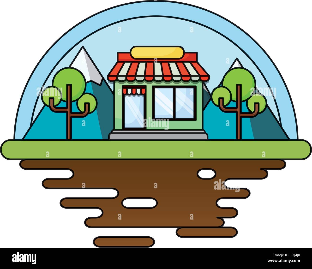 shop and trees over landscape and white background, colorful design ...