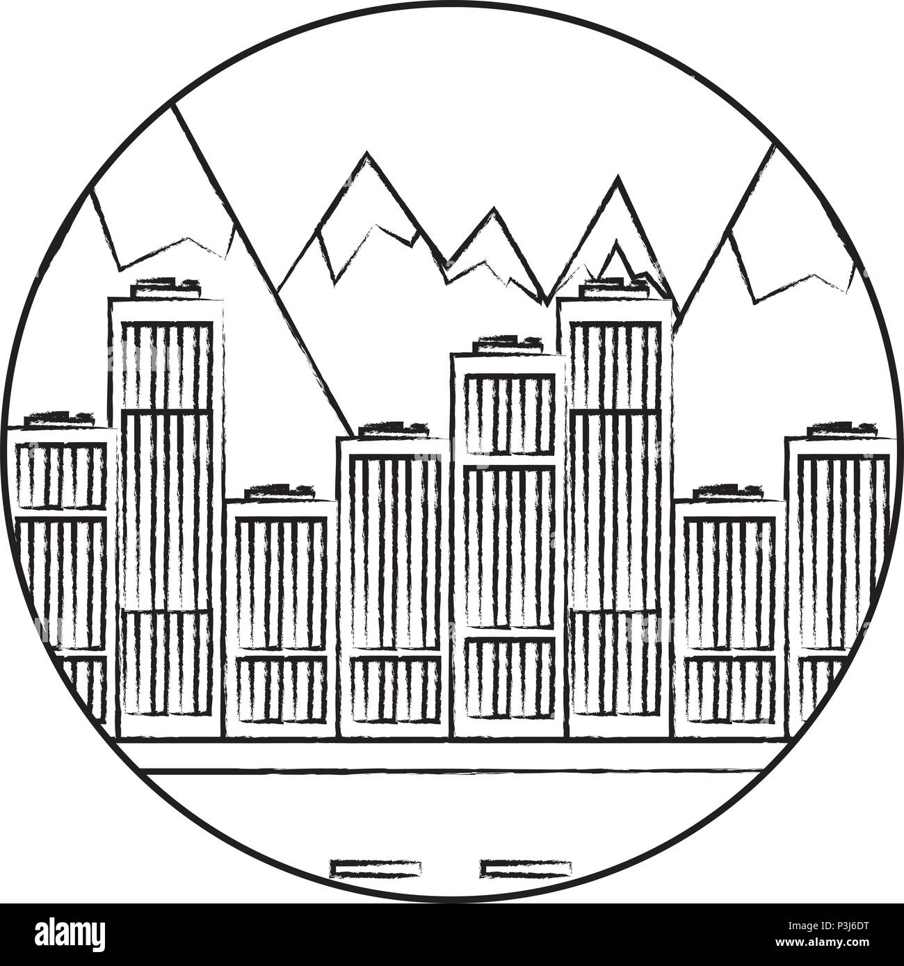 city buildings over mountains landscape in circle shape over white ...