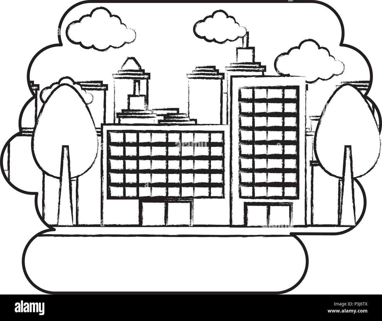 trees and city building over urban city landscape and white background ...