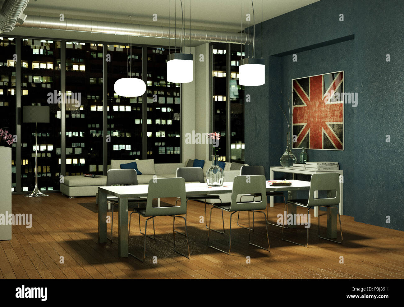 modern interior design appartment night scene 3d Illustration Stock ...