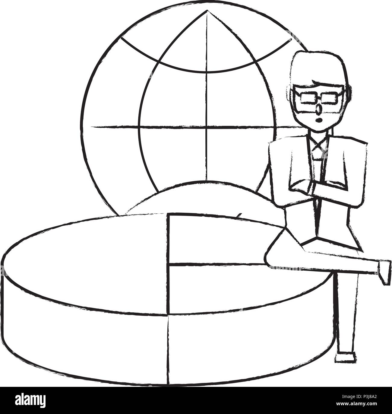 cartoon businessman sitting on pie chart over global sphere and white ...