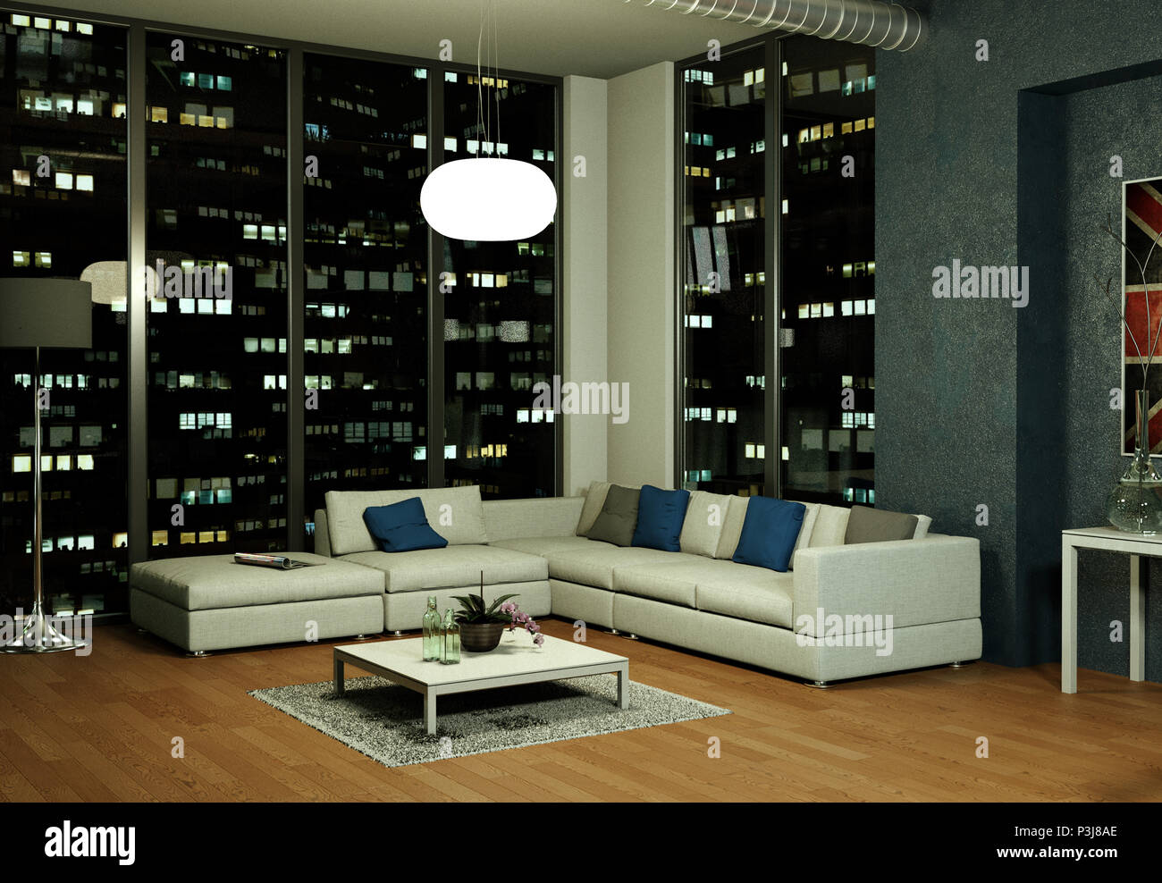 modern interior design appartment night scene 3d Illustration Stock ...