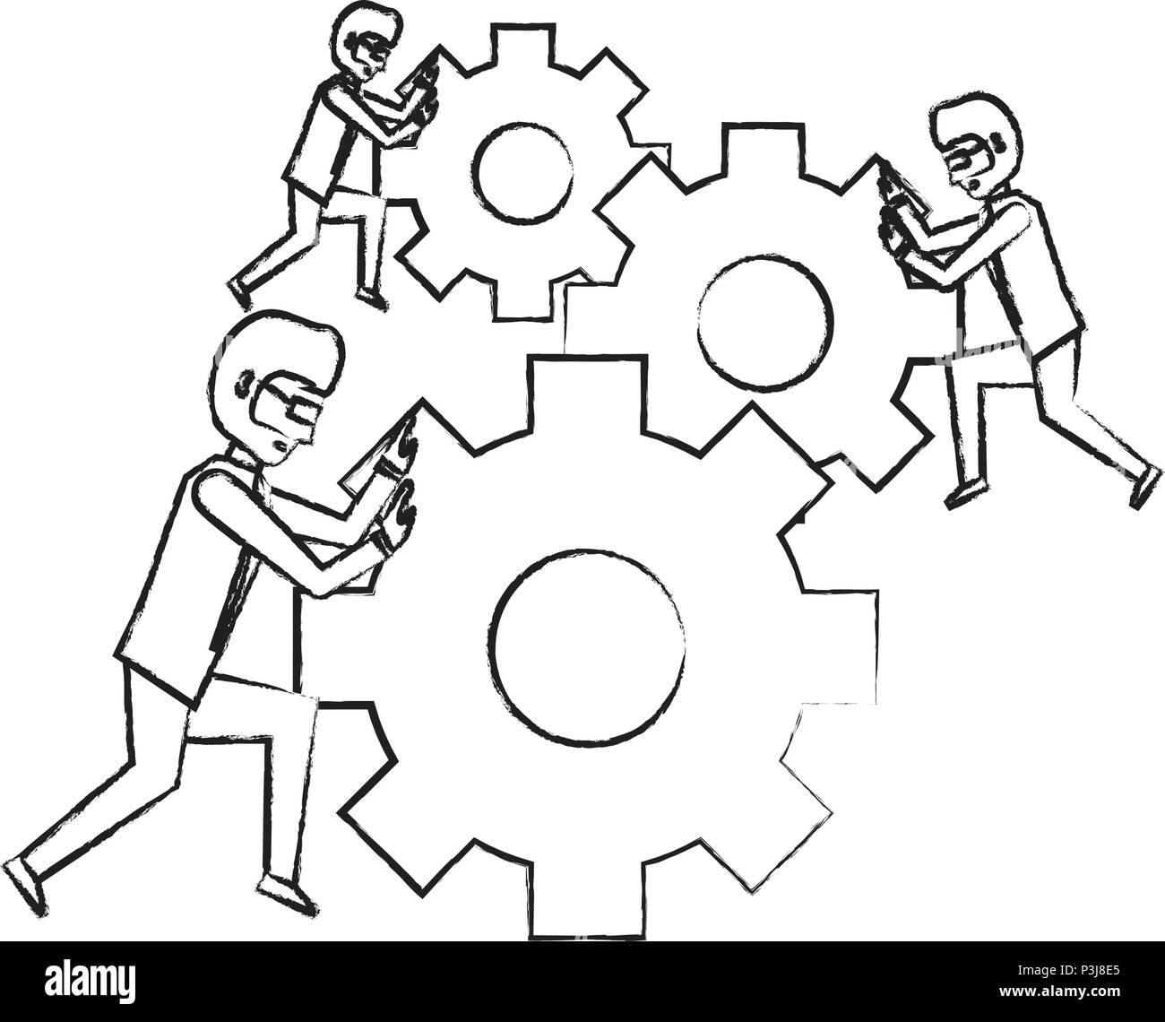 businessmen pushing a gear wheels over white background, vector ...