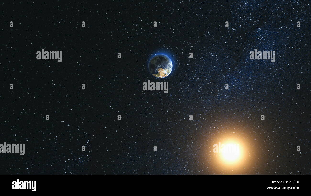 Space view on Planet Earth and Sun Star rotating on its axis in black ...