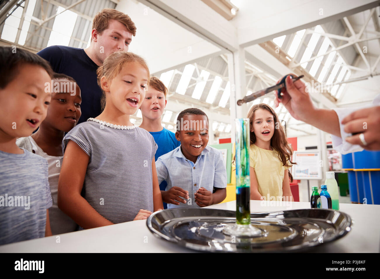 Group of kids and teachers carrying out a science experiment Stock ...
