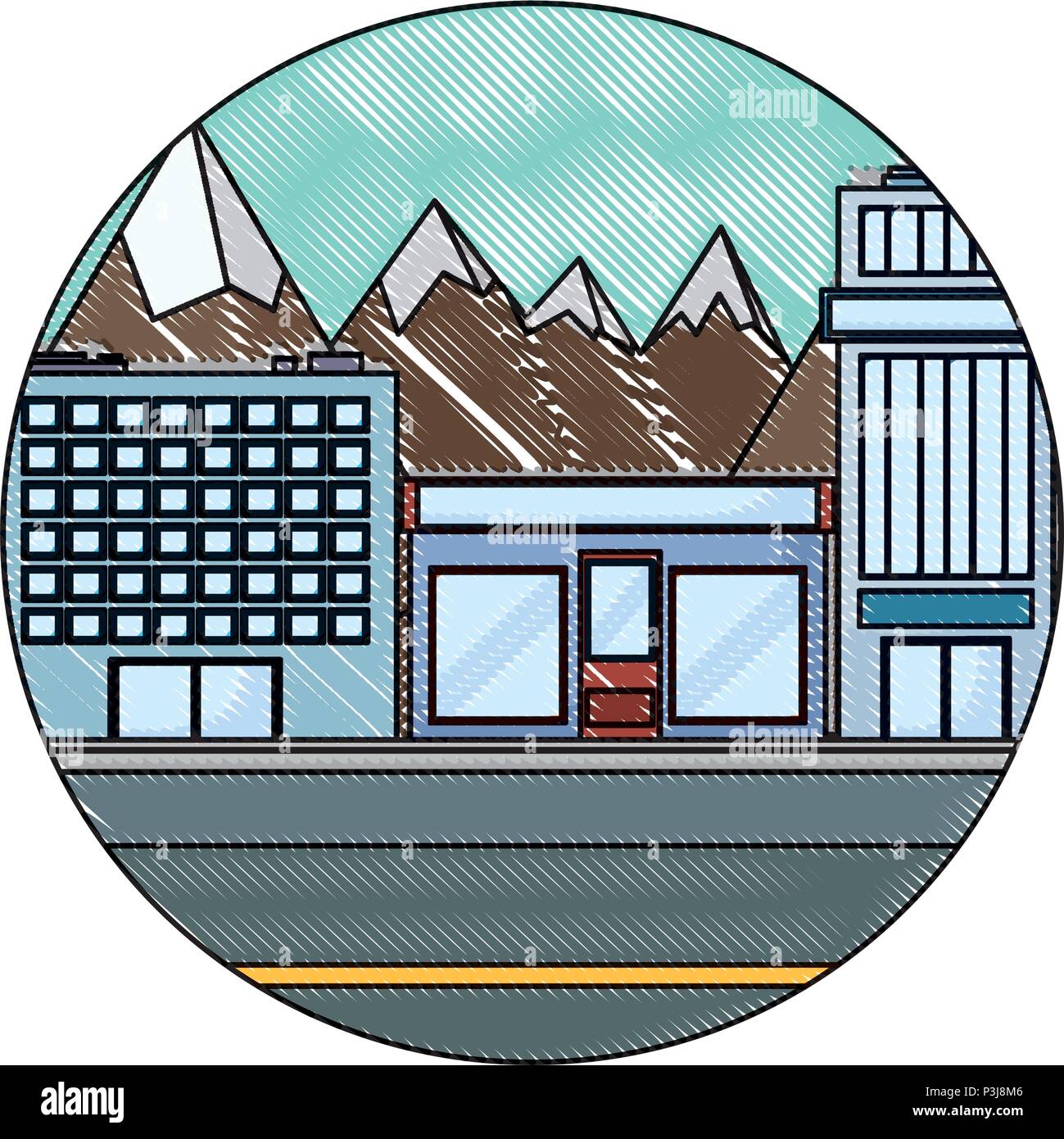street with stores and buildings over mountains landscape in circular ...