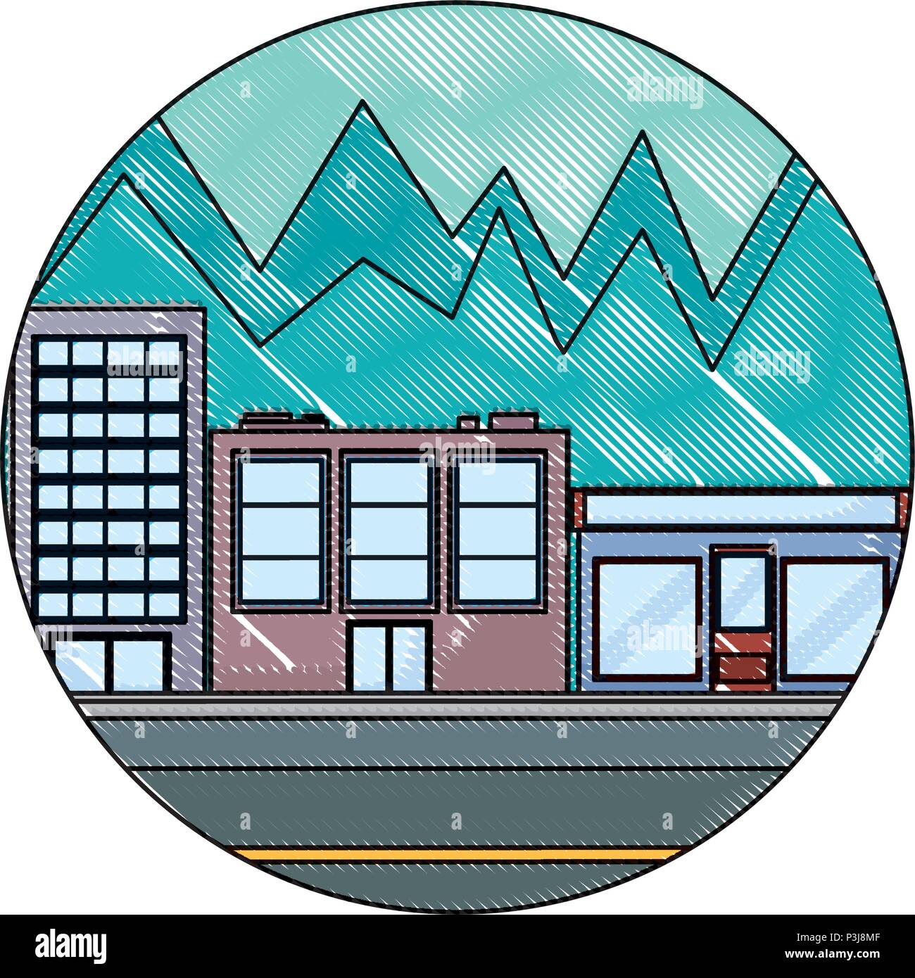 circular shape with city buildings over landscape and white background ...