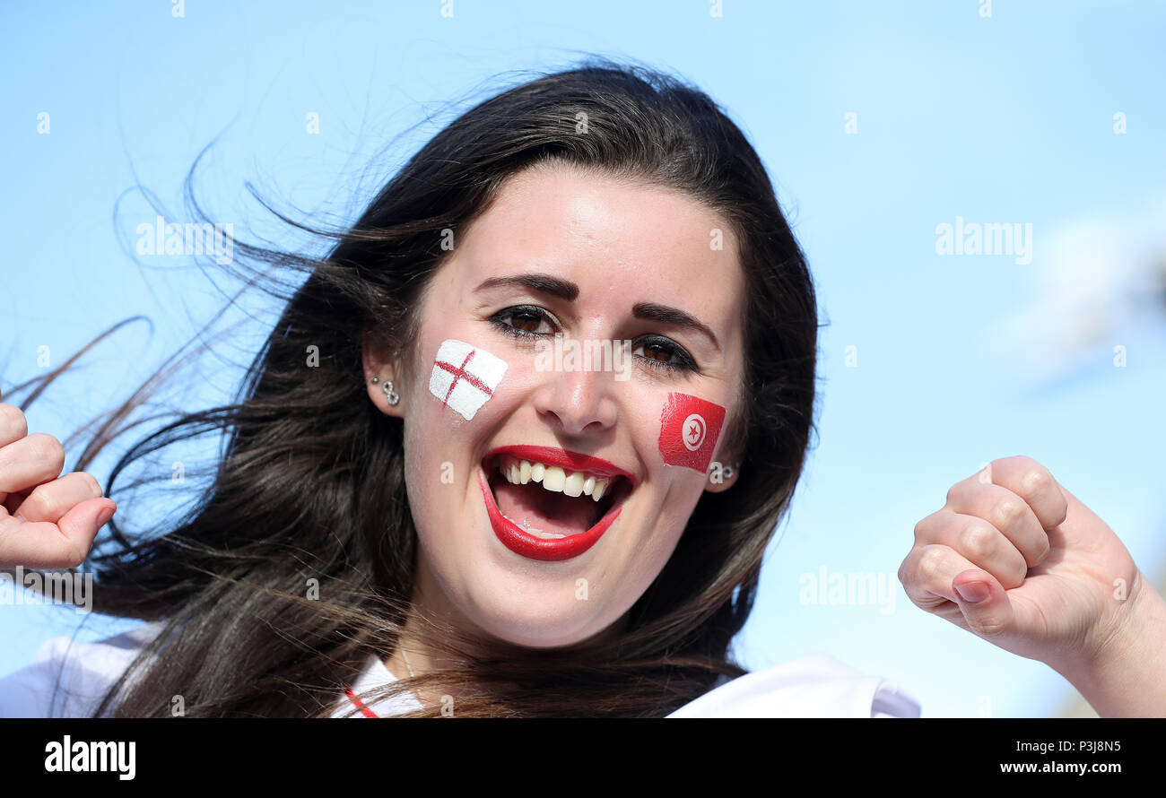England fan Laura Smith watches the World Cup match between Tunisia and ...