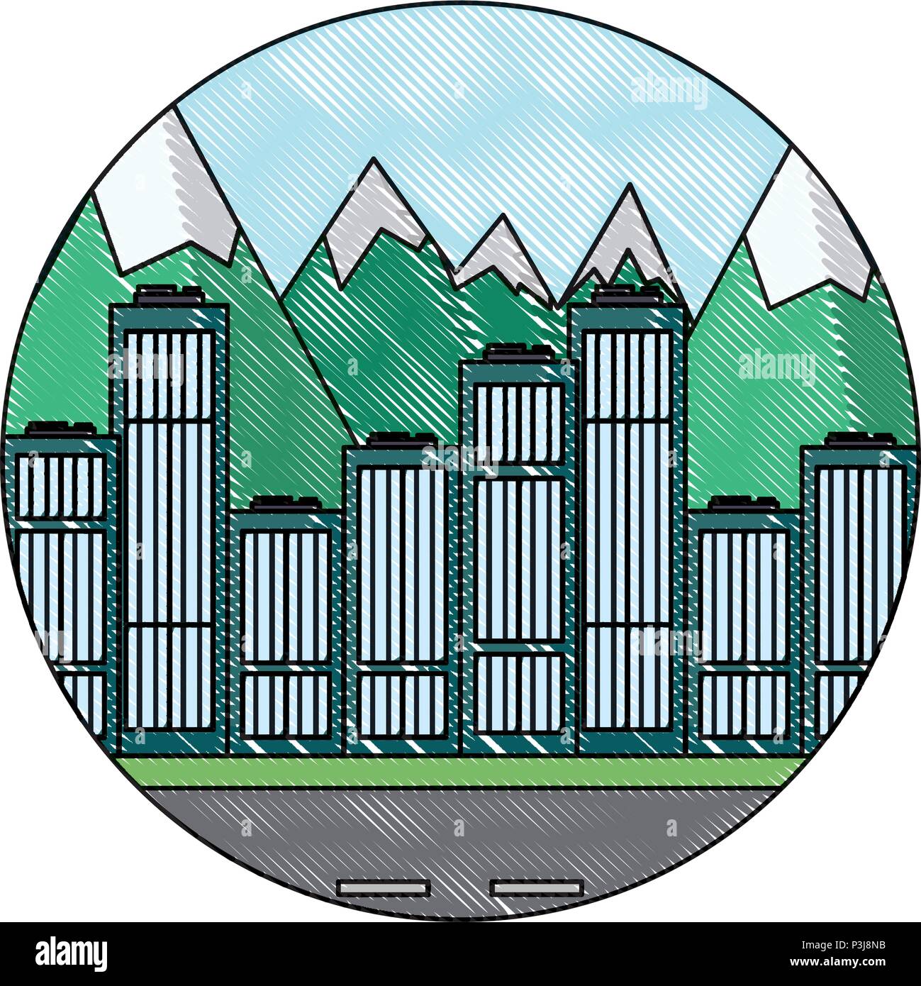 circular shape with city buildings over landscape and white background ...