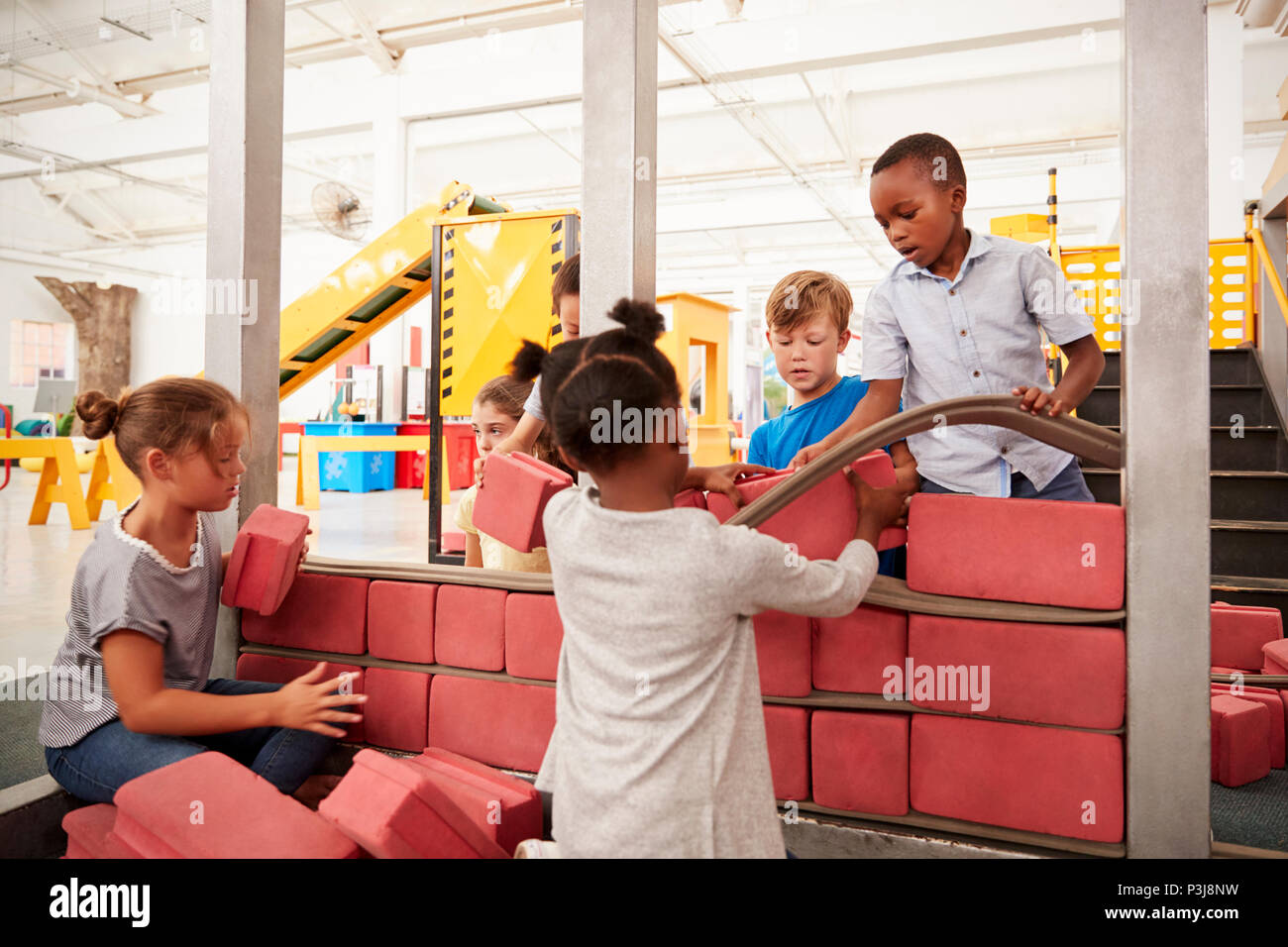 School kids building with toy bricks at a science centre Stock Photo ...