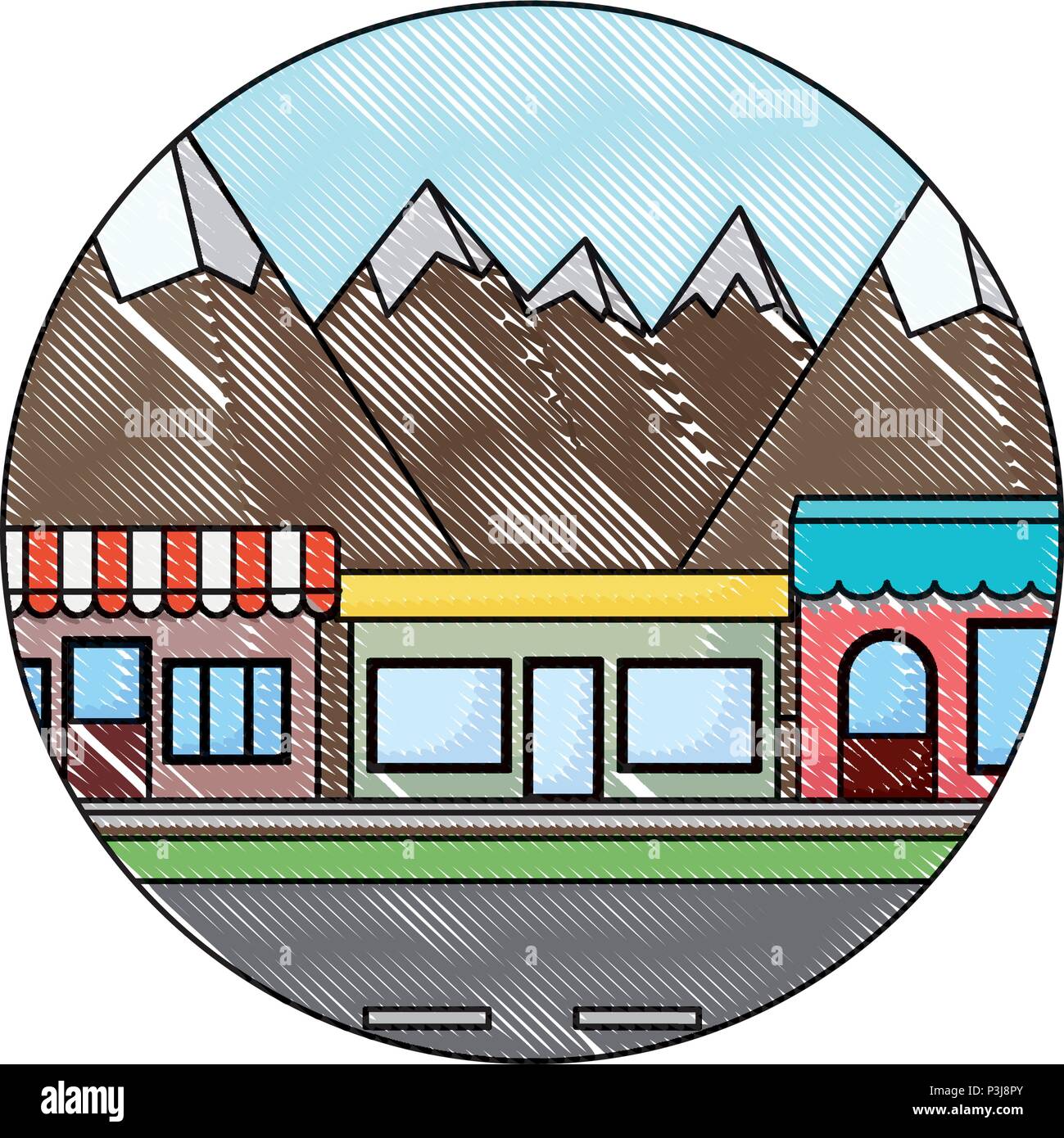 street with stores and buildings over mountains landscape in circular ...