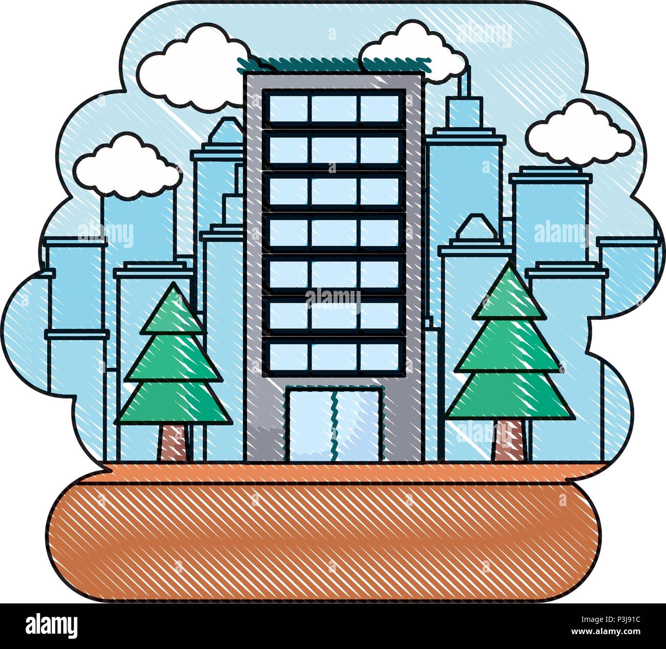 trees and city building over urban city landscape and white background ...
