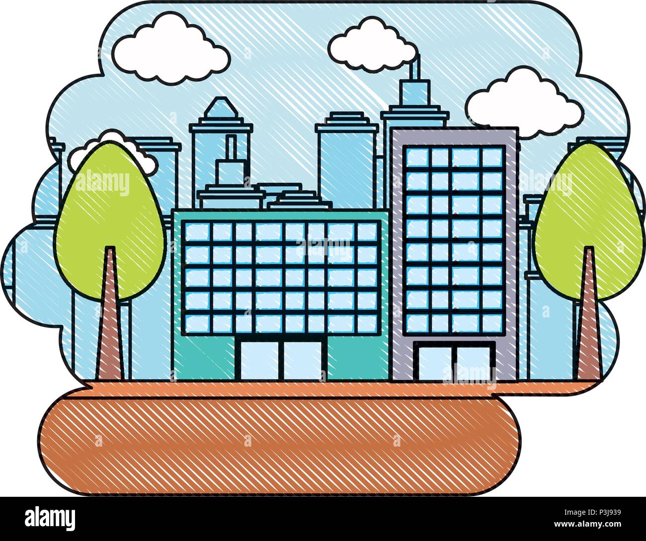 trees and city building over urban city landscape and white background ...