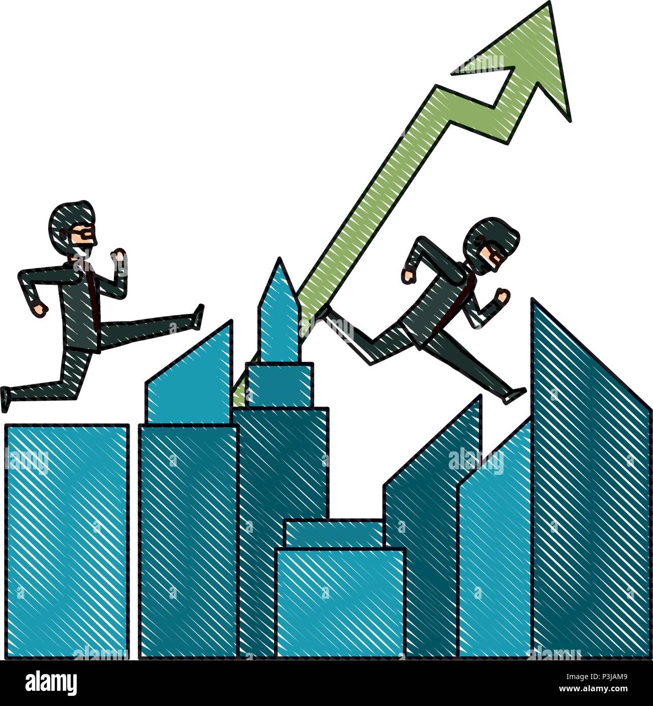 cartoon businessmen running in city buildings over white background ...