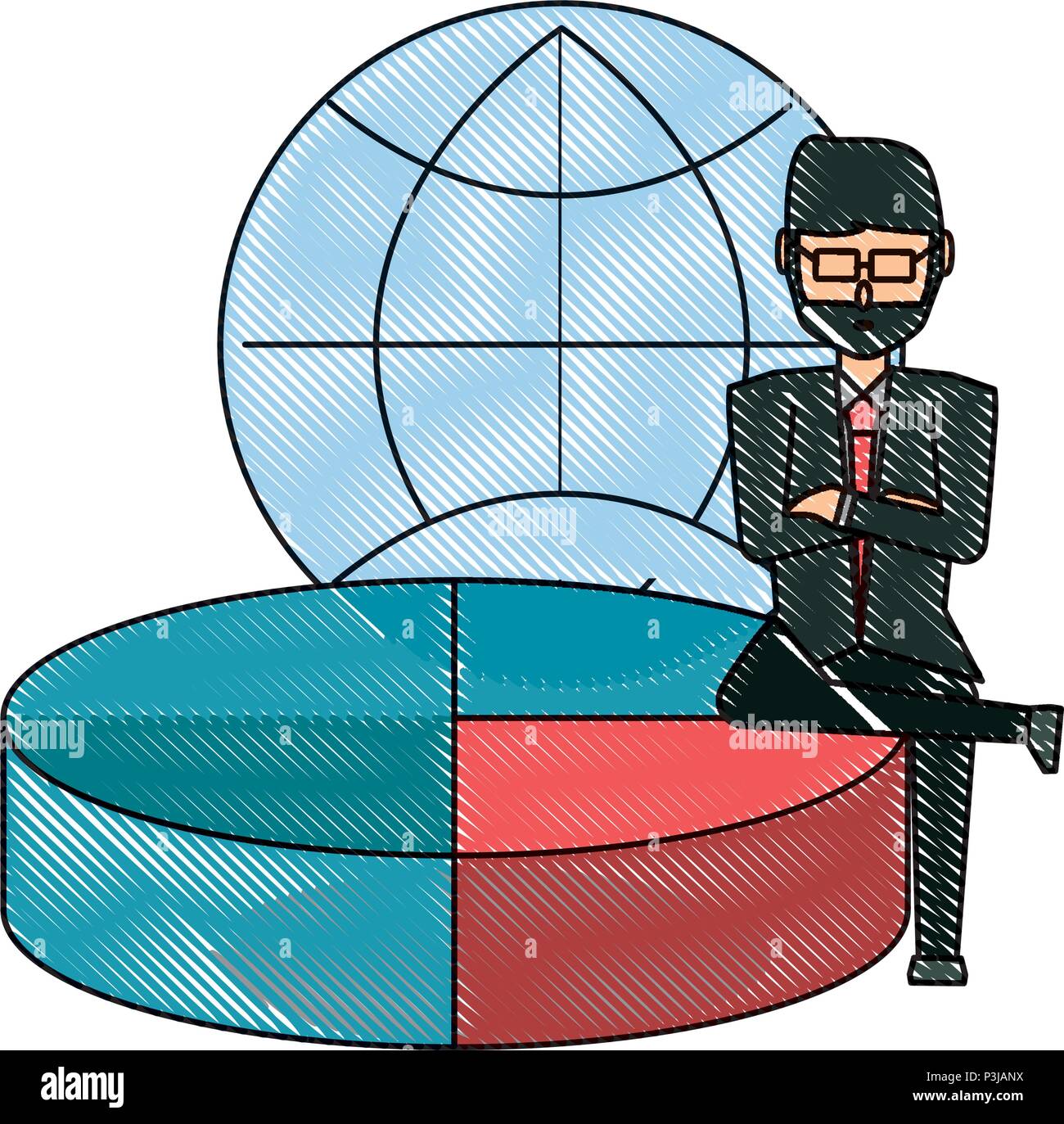 cartoon businessman sitting on pie chart over global sphere and white ...