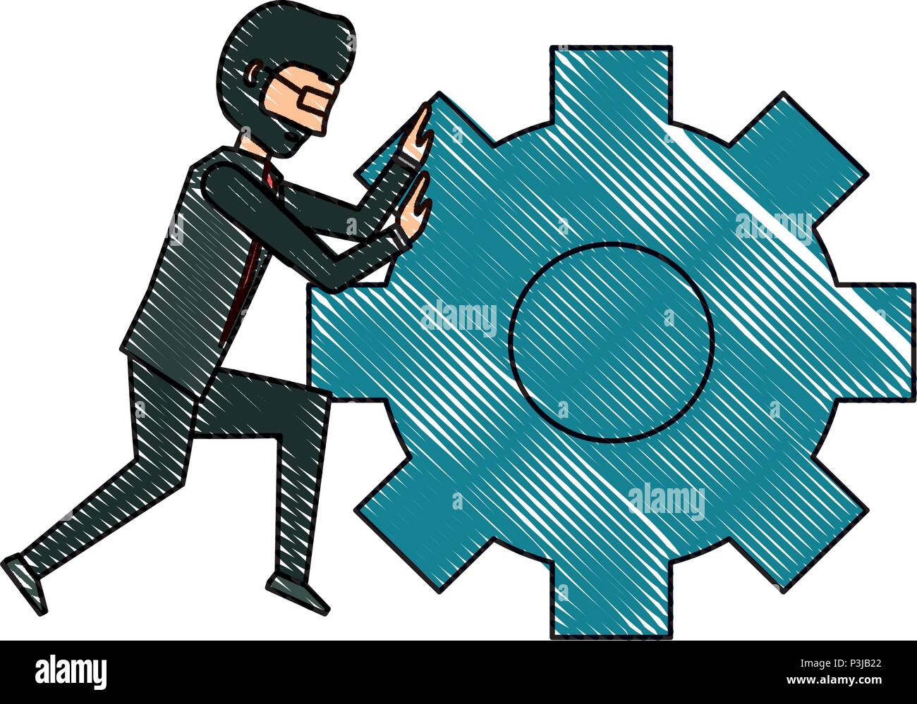 businessman pushing a gear wheel over white background, vector ...