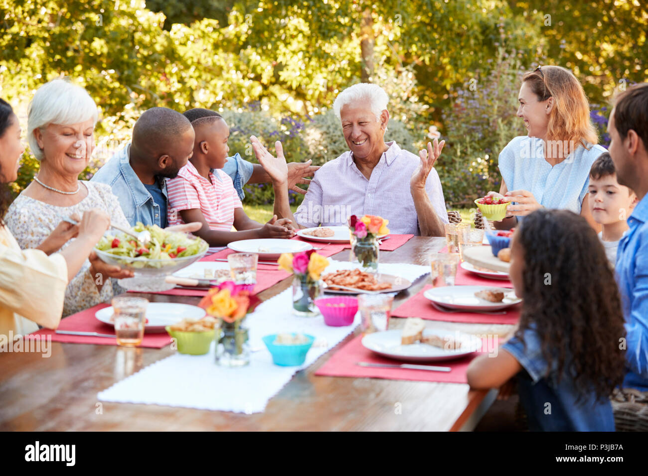 Family and friends talking over lunch at a table in garden Stock Photo ...