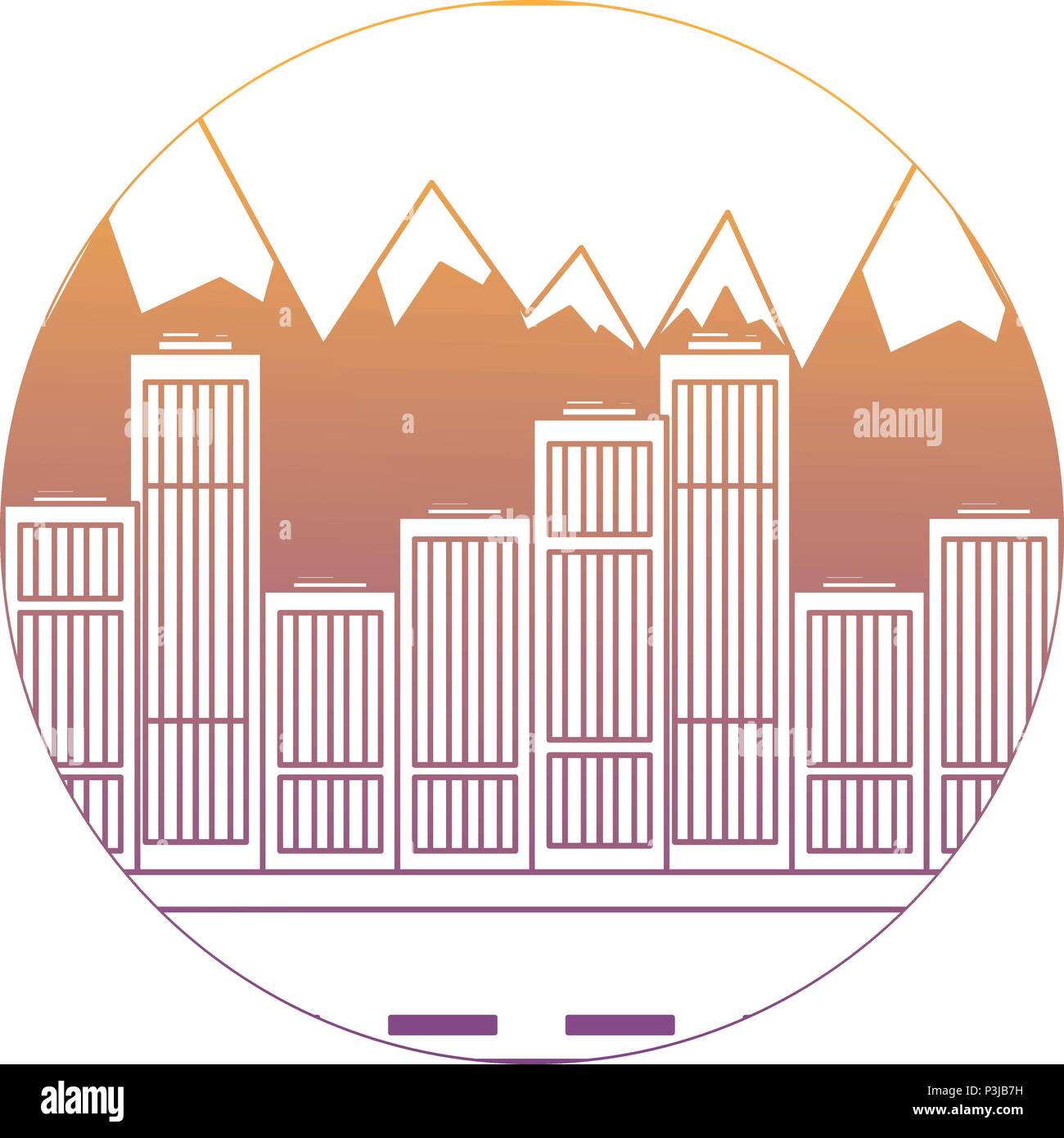 city buildings over mountains landscape in circle shape over white ...