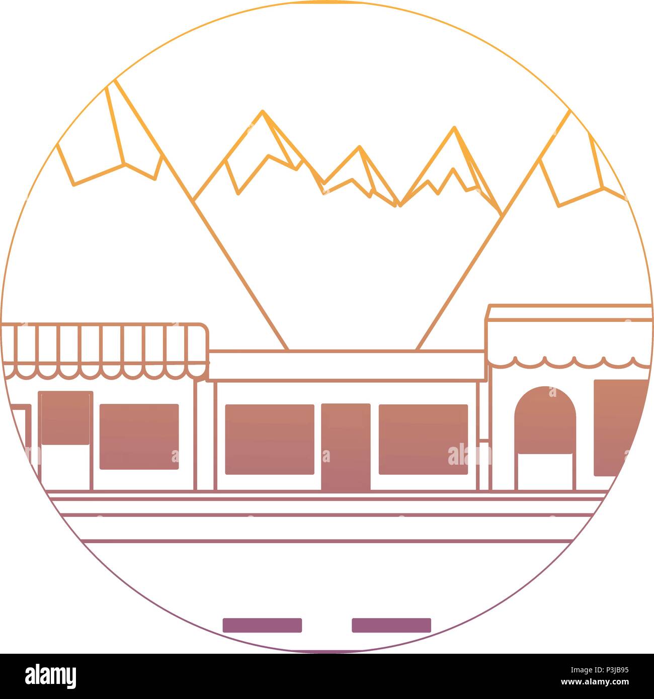 street with stores and buildings over mountains landscape in circular ...