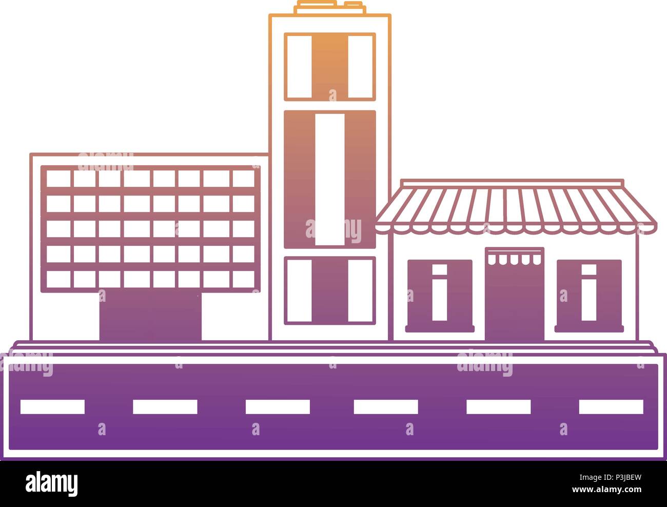 stores and city buildings on street over white background, vector ...