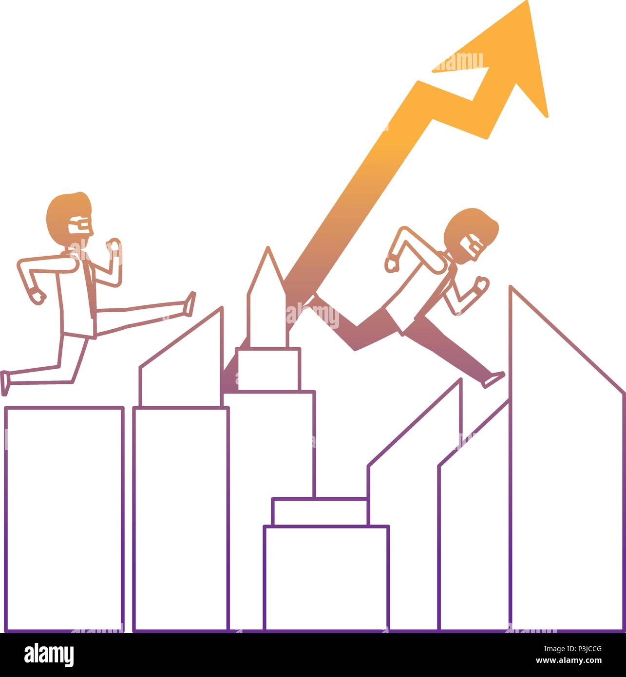 cartoon businessmen running in city buildings over white background ...