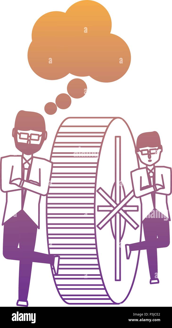 cartoon businessmen with speech bubble and next to a gear wheel over ...