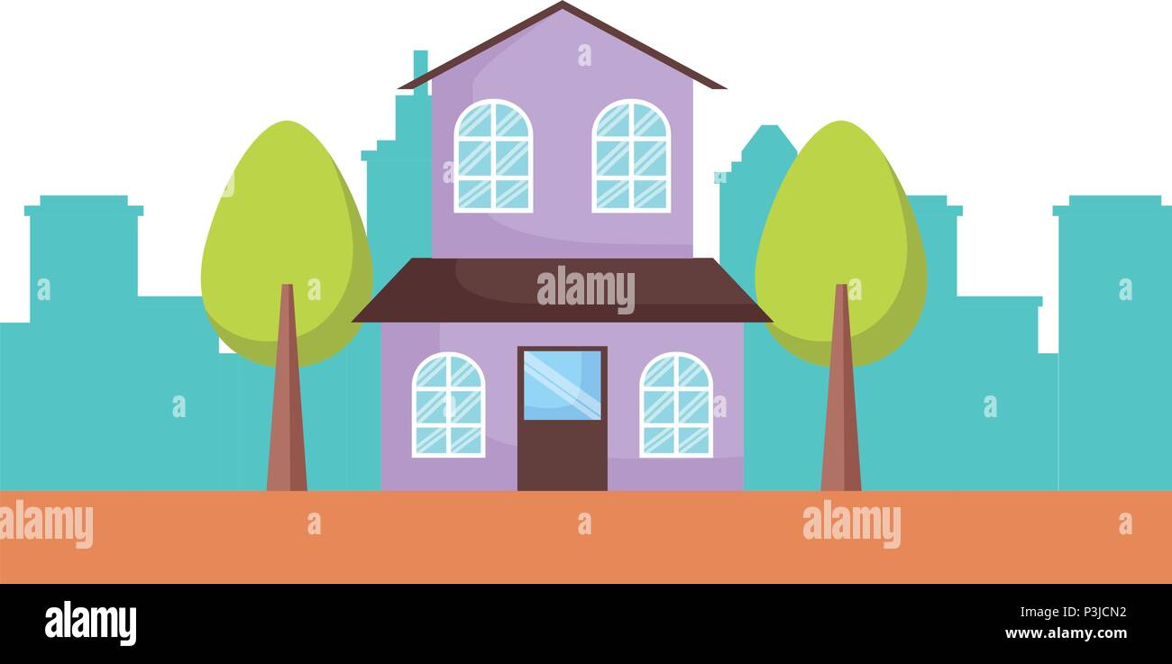 modern house and trees over white background, colorful design. vector ...