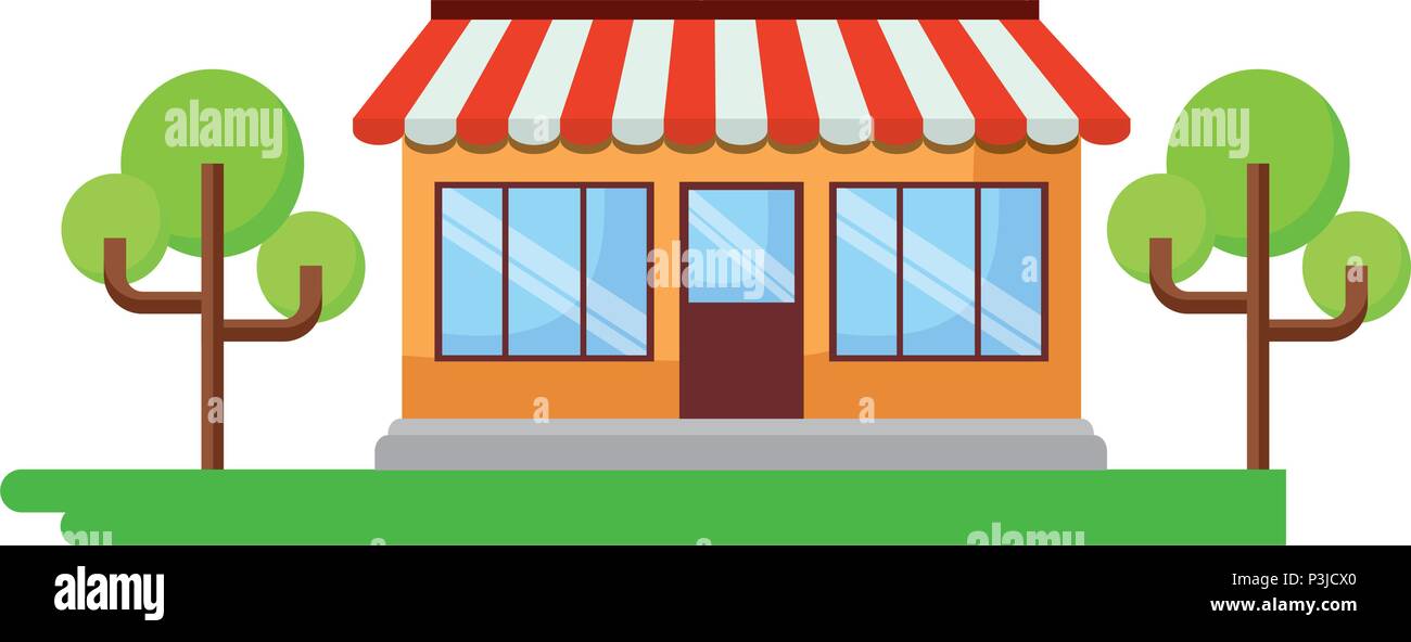 trees and stores over white background, colorful design. vector ...