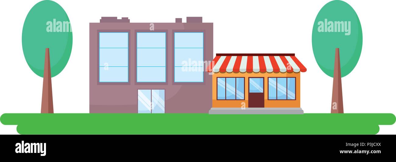 store and trees over white background, colorful design. vector ...