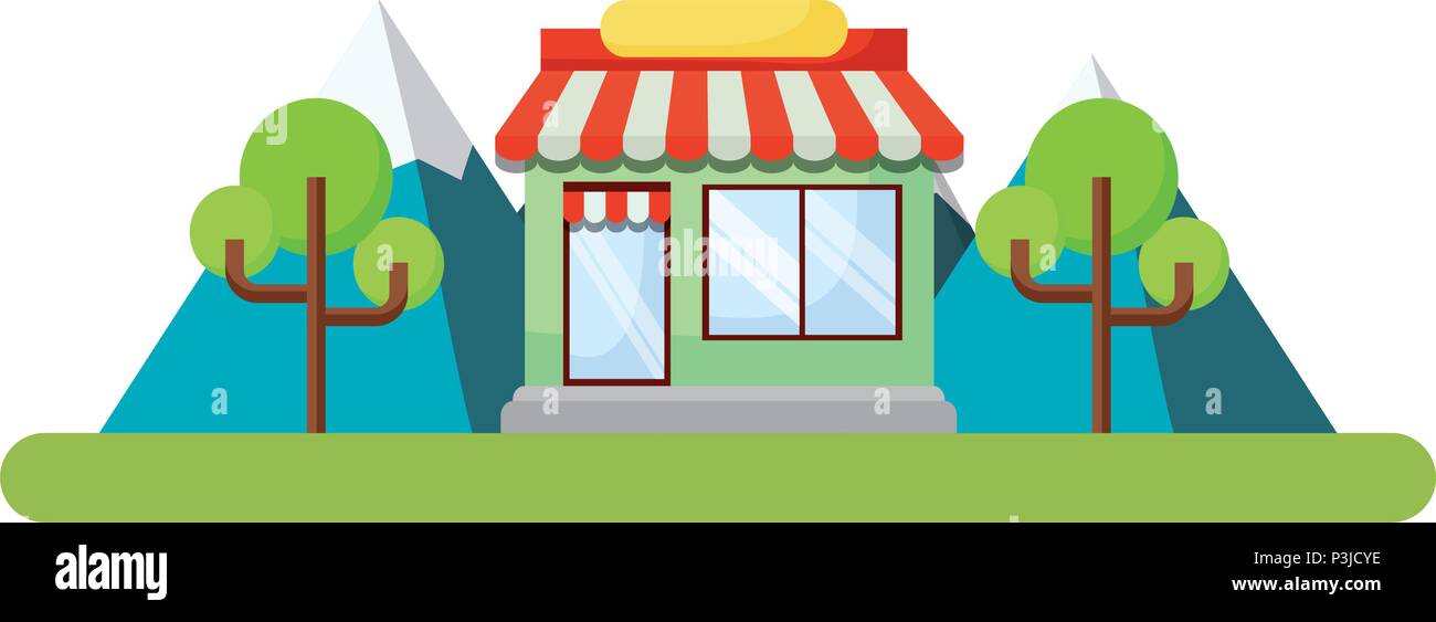 trees and stores over white background, colorful design. vector ...