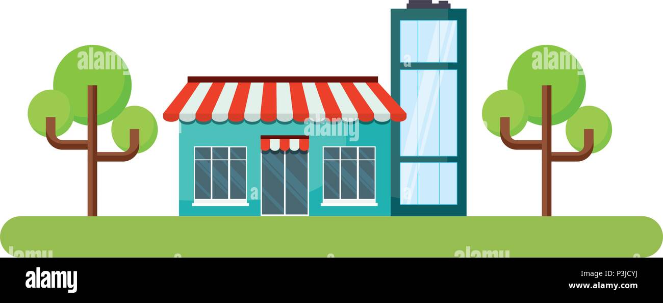 store and trees over white background, colorful design. vector ...