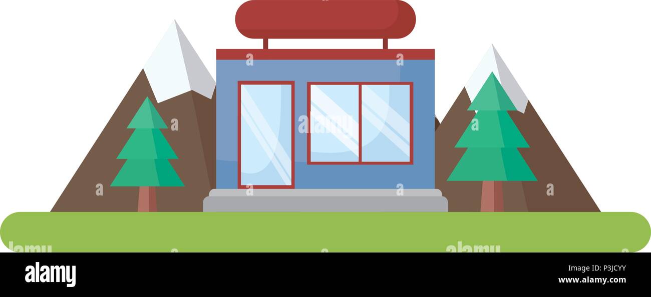 trees and stores over white background, colorful design. vector ...