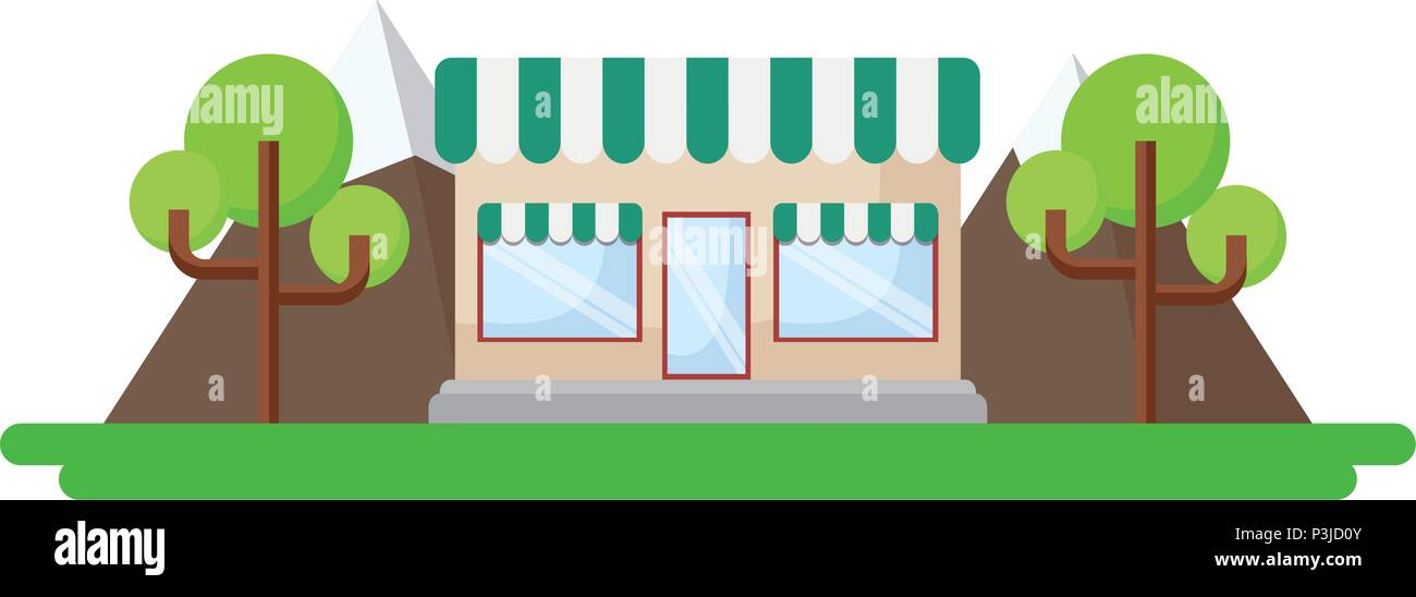 store and trees over white background, colorful design. vector ...