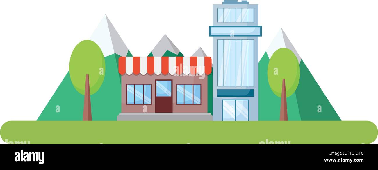 trees and stores over white background, colorful design. vector ...